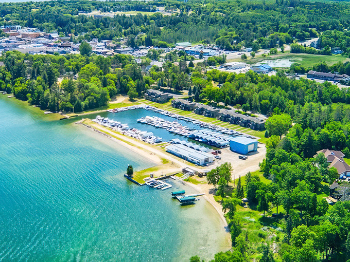 Turquoise waters meet lush greenery in this aerial view of Walker, where Minnesota's natural beauty puts postcards to shame.