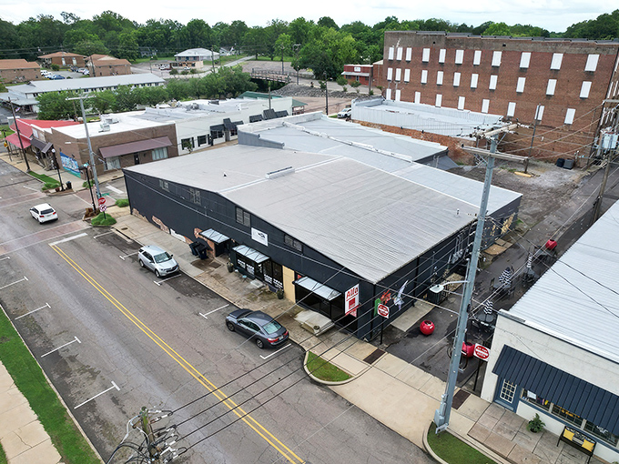 An aerial view of Booneville's compact downtown, where everything you need is just minutes away, saving both time and gas money.