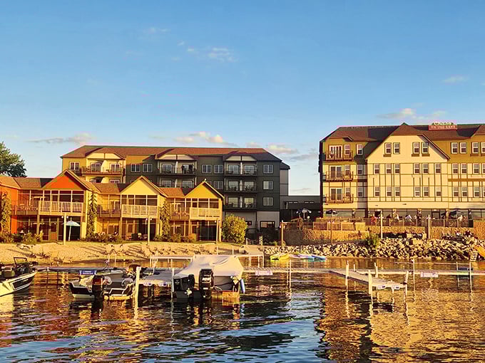 Golden hour bathes Walker's waterfront properties in warm light, showcasing the perfect blend of comfortable living and recreational paradise.