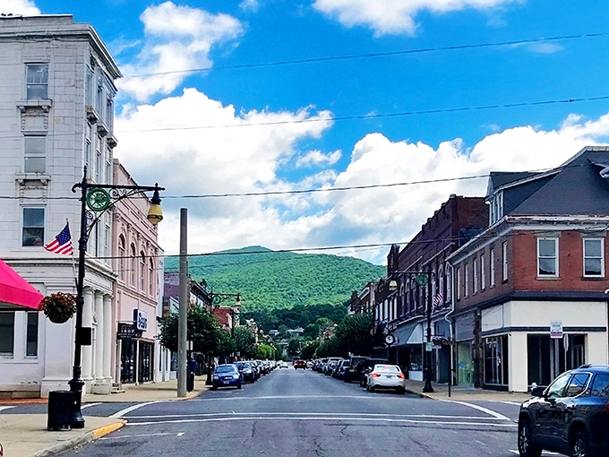 The perfect backdrop for your retirement dreams: Covington's charming streetscape framed by the verdant Allegheny Mountains, where nature meets small-town nostalgia.