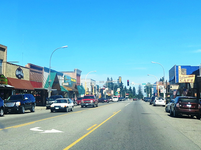 Downtown Walker's welcoming main thoroughfare, where locally-owned businesses line both sides of the street beneath Minnesota's famously blue summer skies.