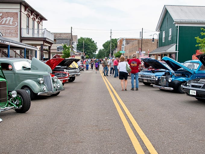 Classic cars line Bolivar's main street during a community event, where small-town charm meets automotive nostalgia in perfect harmony.