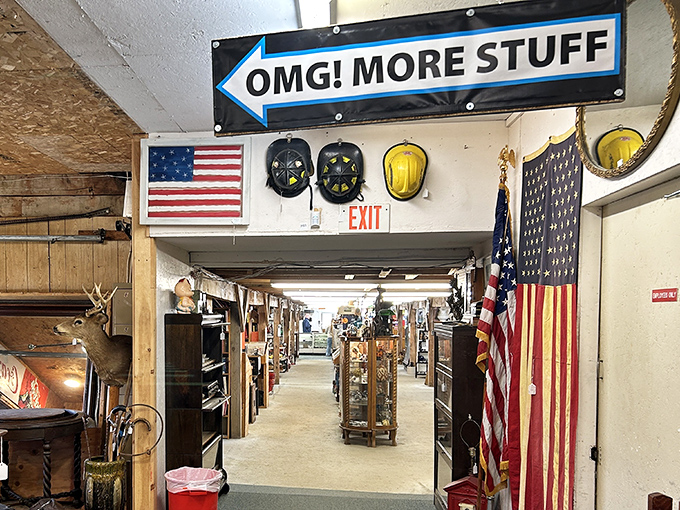 Just when you think you've seen it all, Fairfield Antiques Mall's playful sign points the way to even more treasure-hunting adventures beyond.