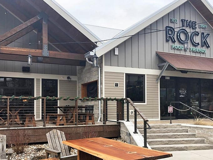 The Rock's welcoming exterior blends rustic charm with modern flair, promising culinary adventures within its inviting walls.
