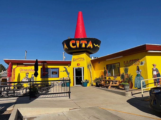 The vibrant murals adorning La Cita's exterior tell stories of cultural heritage while the red conical tower serves as Tucumcari's unofficial lighthouse for hungry travelers.