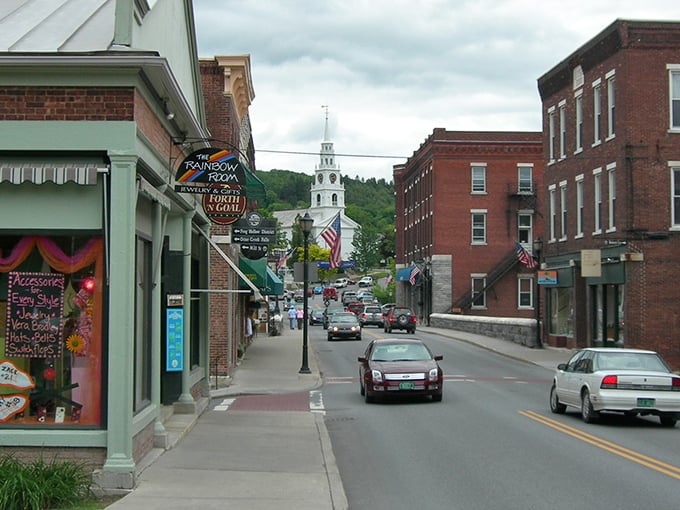 Main Street Middlebury captures that perfect Vermont vibe &ndash; historic architecture, white church steeple, and the promise of maple something waiting around every corner.