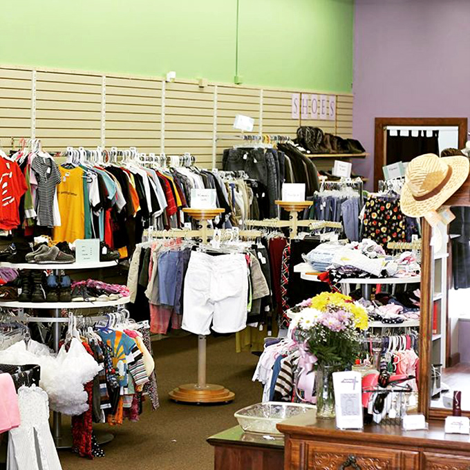 Colorful clothing displays greet shoppers with a rainbow of possibilities &ndash; proof that style doesn't require a first-owner price tag.