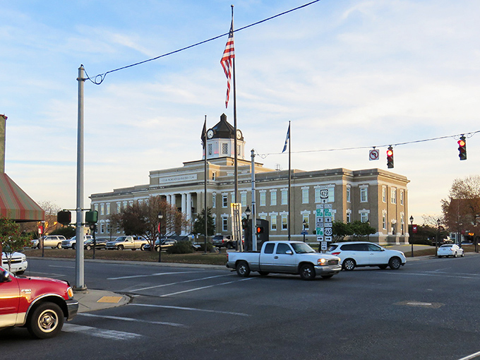 The stately Morehouse Parish Courthouse stands proud in downtown Bastrop, where small-town charm meets architectural dignity under Louisiana's expansive blue skies.