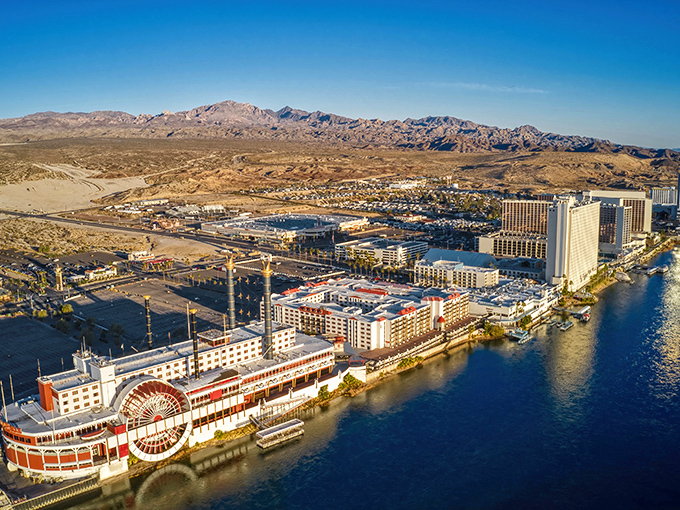 Another perspective of Laughlin's impressive skyline, where casino resorts stand like oases against the rugged desert backdrop.