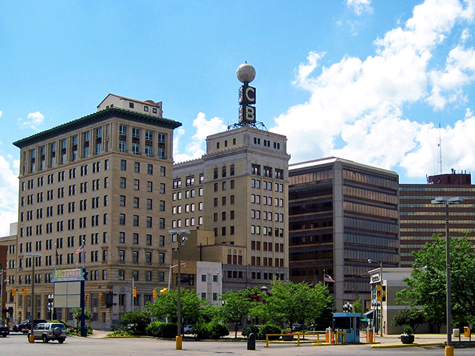 The majestic Durant Hotel building anchors downtown Flint, its limestone façade telling stories of the city's glamorous automotive heyday.