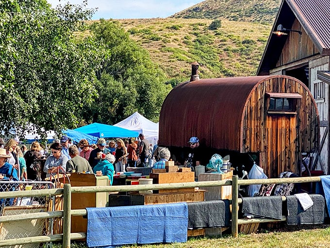 The bustling heart of Born in a Barn, where treasure hunters gather beneath Wyoming's big sky. That curved wooden structure isn't just photogenic&mdash;it's practically begging you to peek inside.