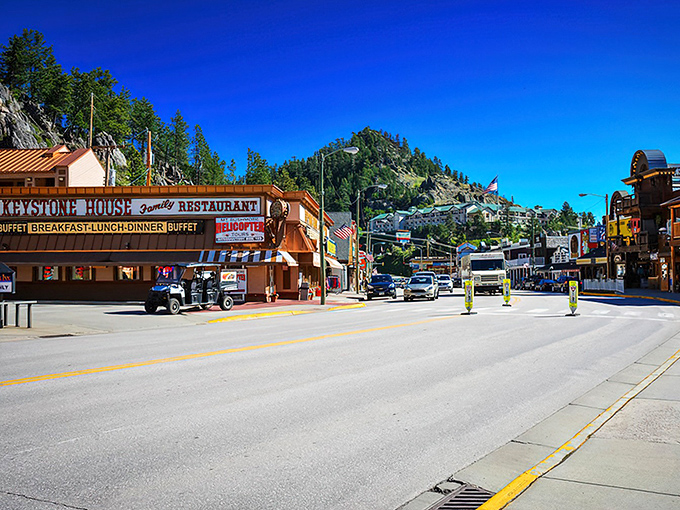 Blue skies frame Keystone's historic downtown, where wooden facades and mountain views create that perfect "I've stepped back in time" feeling.