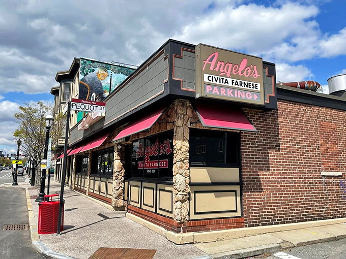 "Civita Farnese" proudly displayed beneath the Angelo's sign hints at the authentic Italian heritage behind every sauce-laden plate.
