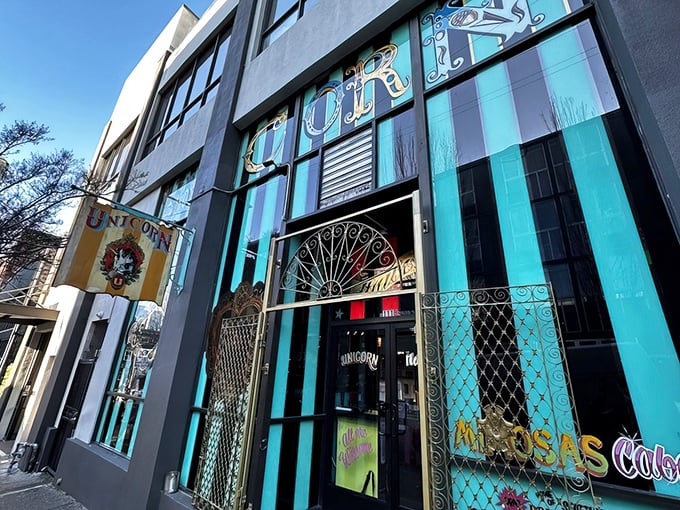 The turquoise and black striped fa&ccedil;ade of The Unicorn stands out on Capitol Hill like a carnival barker's bold promise of wonders within.