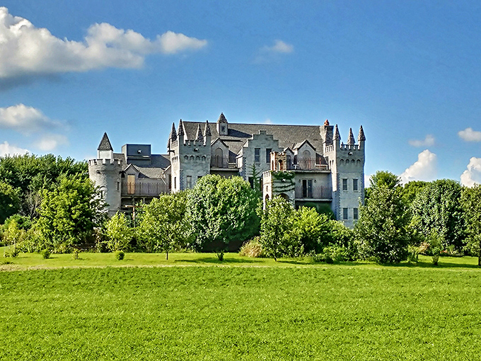 Medieval dreams meet Midwest reality in this stunning stone fortress that belongs on a European hillside.