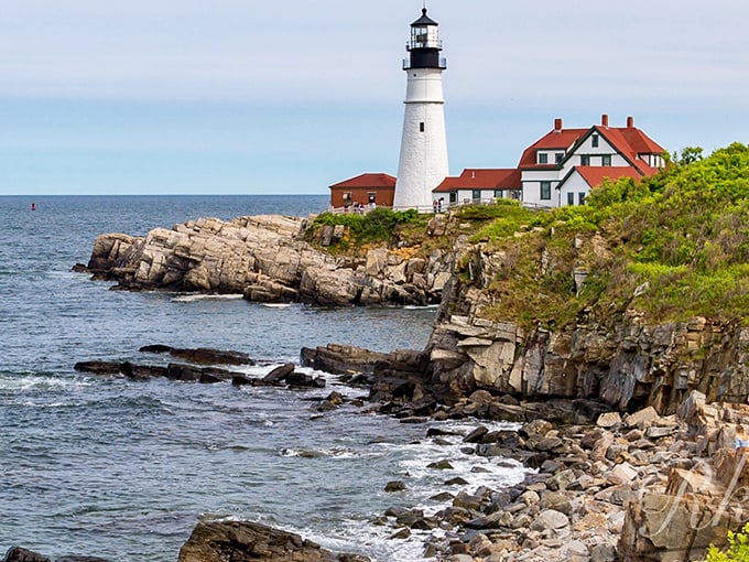 The iconic lighthouse stands sentinel over Maine's rugged coastline, a postcard moment that no filter could possibly improve.