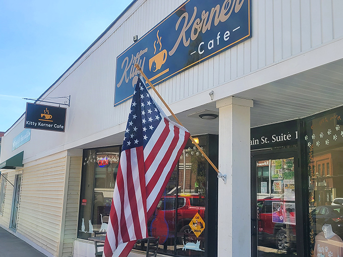The iconic sign welcomes you to Kitty Korner Cafe, where feline silhouettes promise both coffee and companionship.