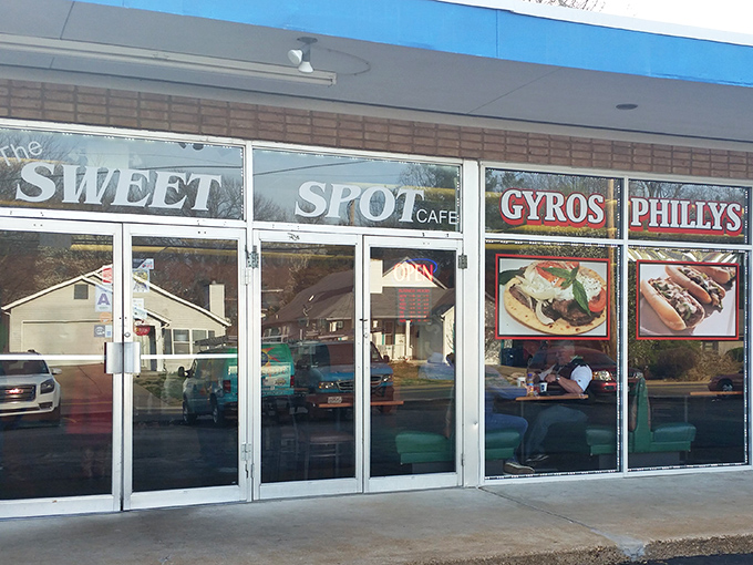 The unassuming blue-trimmed exterior of Sweet Spot Cafe proves once again that culinary treasures often hide in plain sight. Breakfast served all day? That's music to my ears.