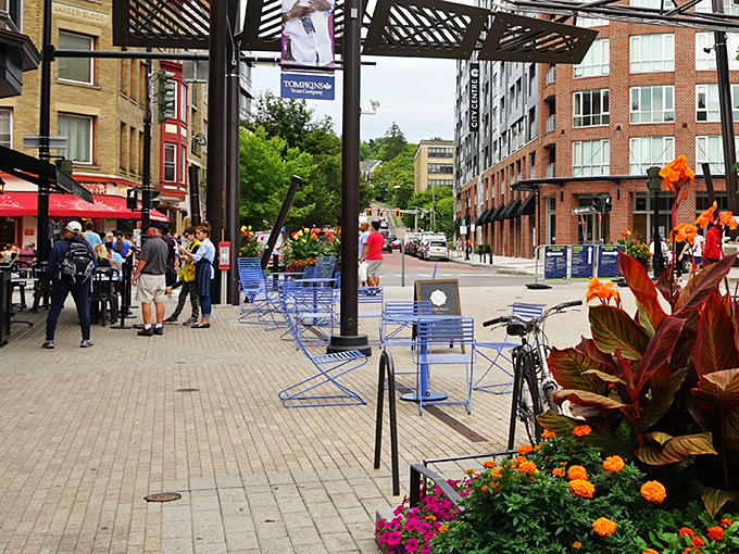 This outdoor dining stands proud downtown, its grand columns reminding you that Ithaca's been charming visitors since way before Instagram existed.