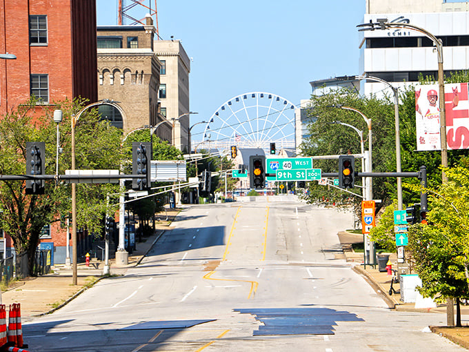 A quiet downtown street leads to the St. Louis Wheel, promising views that rival those million-dollar coastal cities&mdash;except here, you'll still have money for dinner afterward.