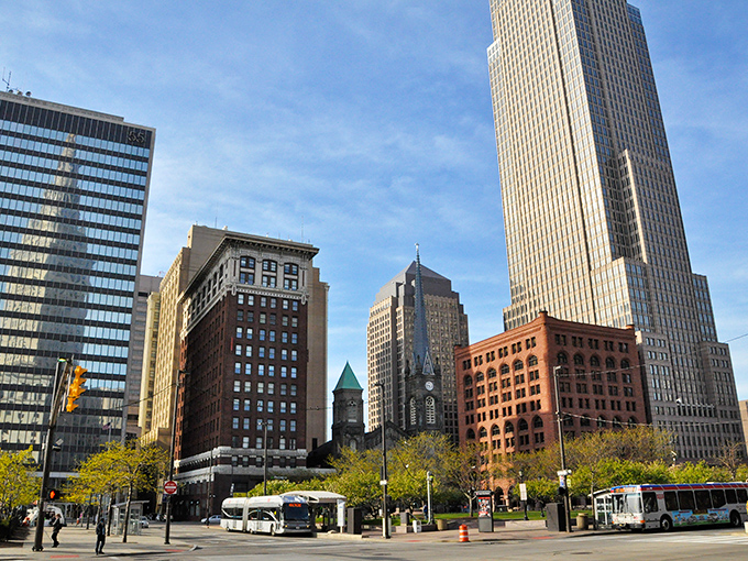 Cleveland's skyline stands proud against a brilliant blue sky, where architectural treasures from different eras create a stunning urban tapestry.