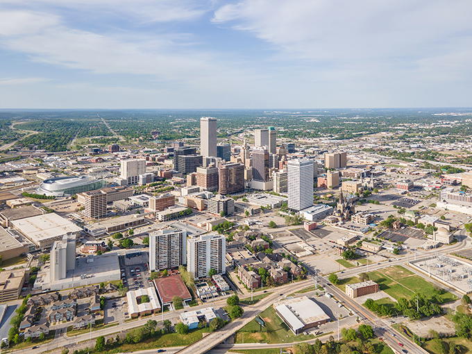 Tulsa's skyline stretches across the horizon like a modest Midwest Manhattan, proving that big city energy comes in Oklahoma-sized packages too.