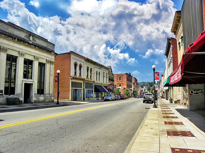 Sunlight bathes Sharon's main thoroughfare, where small businesses thrive in buildings that have witnessed a century of change.