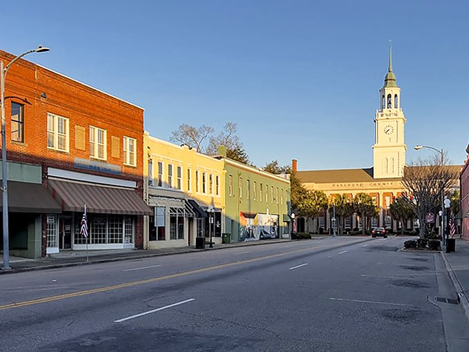 Colorful historic buildings in shades of brick, yellow, and green create Bennettsville's postcard-worthy downtown, where retirement dollars stretch further.
