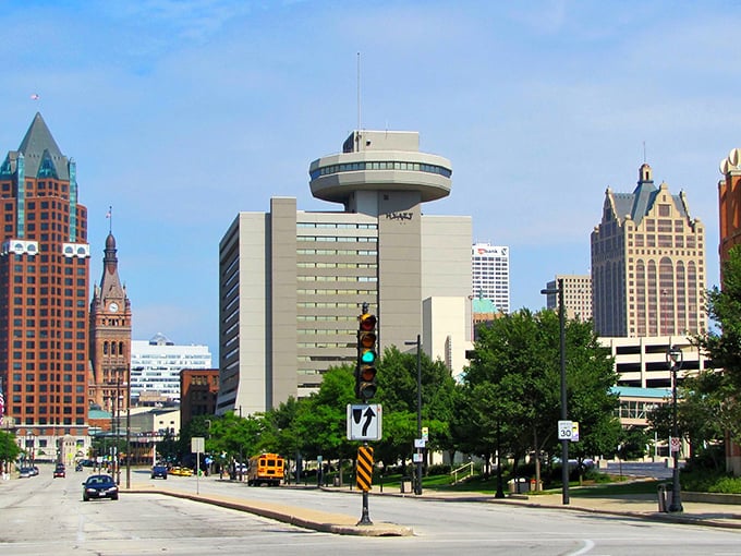 Downtown Milwaukee's skyline showcases a blend of modern and historic architecture, where cream city brick buildings stand proudly alongside sleek glass towers.