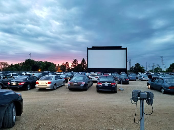 Twilight magic at McHenry Outdoor Theater, where sunset skies meet silver screen nostalgia.