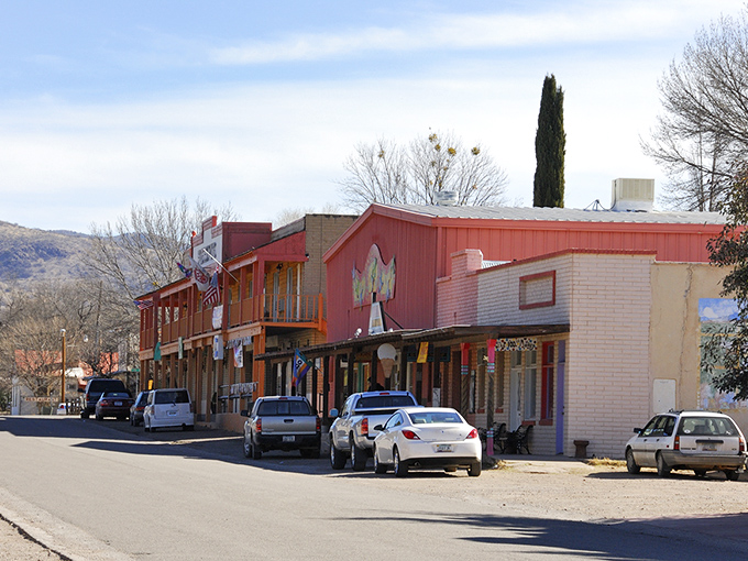Patagonia's historic downtown buildings showcase the town's distinctive character, with mountain views providing a dramatic backdrop to this Arizona gem.