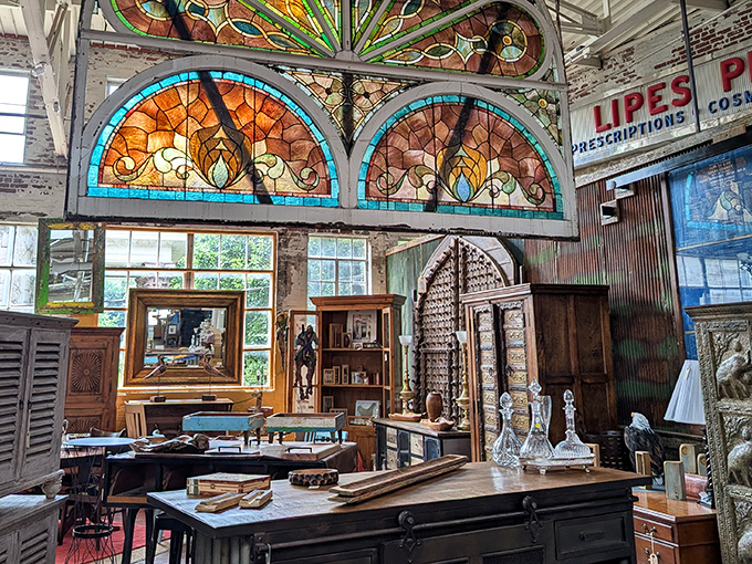 Vibrant stained glass illuminates a treasure trove of architectural salvage and vintage finds at Black Dog Salvage.