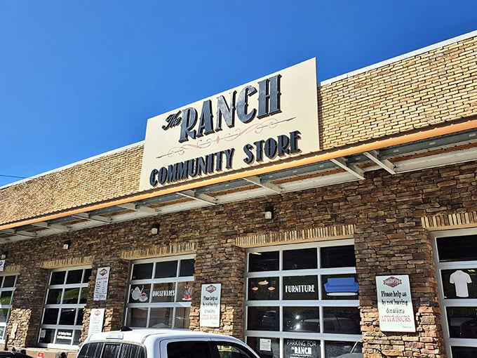 The unassuming brick fortress of The Ranch Community Store stands ready for treasure hunters, delivery trucks at attention.