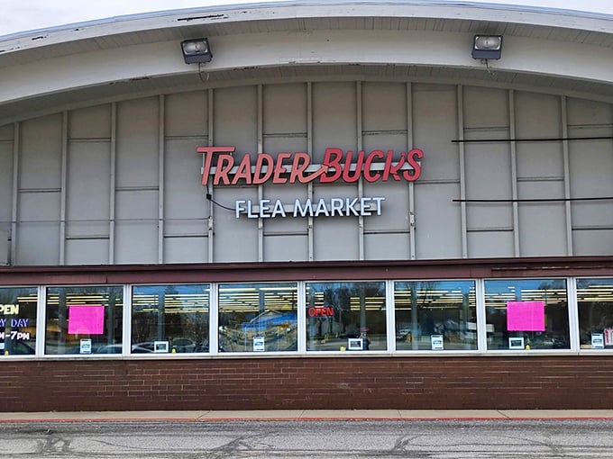 The iconic red lettering of Trader Buck's beckons treasure hunters like a siren song for bargain enthusiasts and curiosity seekers alike.