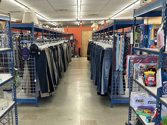 The pants section at Prime Thrift is organized with military precision &ndash; like a fashionable infantry line waiting for you to command them to your closet.