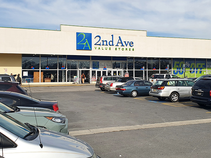 The iconic blue and green signage of 2nd Ave Value Stores beckons like a lighthouse for the budget-conscious shopper.