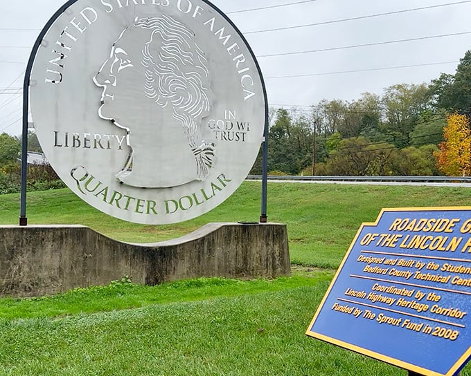 The Giant Quarter stands proudly along the Lincoln Highway, proving that in Pennsylvania, your money really does go further.