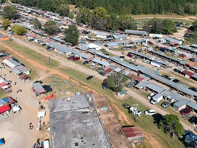 An aerial view that reveals the true scale of Collinsville Trade Day—like a small city dedicated entirely to the art of the deal.