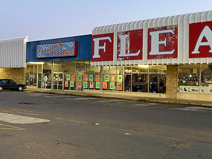 The unmistakable facade of Good Vibes Collectibles beckons bargain hunters with its bold "FLEA" signage&mdash;like Vegas for the thrift-obsessed.