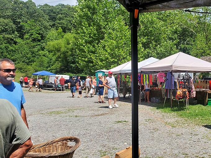 Treasure hunters navigate the gravel pathways between colorful tents, where one person's castoffs become another's prized possessions. The mountains provide a perfect backdrop for Sunday bargain hunting.