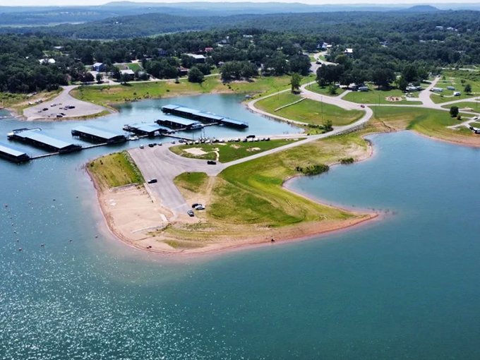 Bull Shoals Marina stretches into turquoise waters like nature's welcome mat, inviting boaters to the aquatic playground that Diamond City residents are lucky enough to call home.