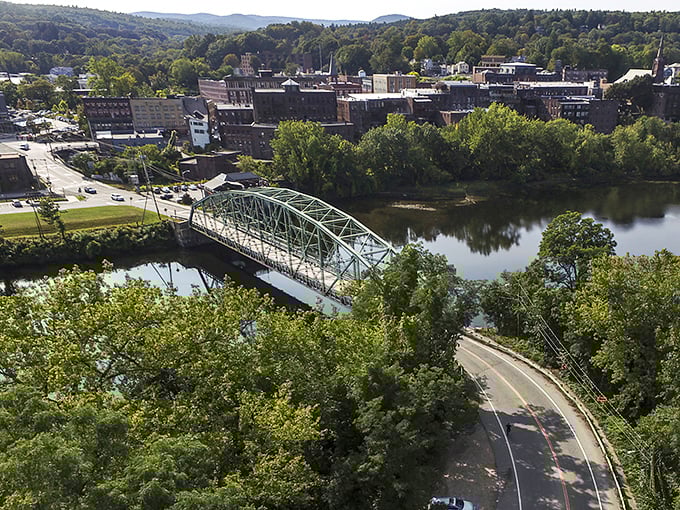 Brattleboro's skyline unfolds like a storybook village, where church steeples and historic buildings nestle between Vermont's rolling hills and the Connecticut River.