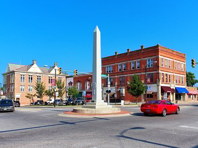 Mount Gilead's town square, where that white obelisk isn't compensating for anything&mdash;it's just proudly announcing, "Yes, we're exactly this charming."