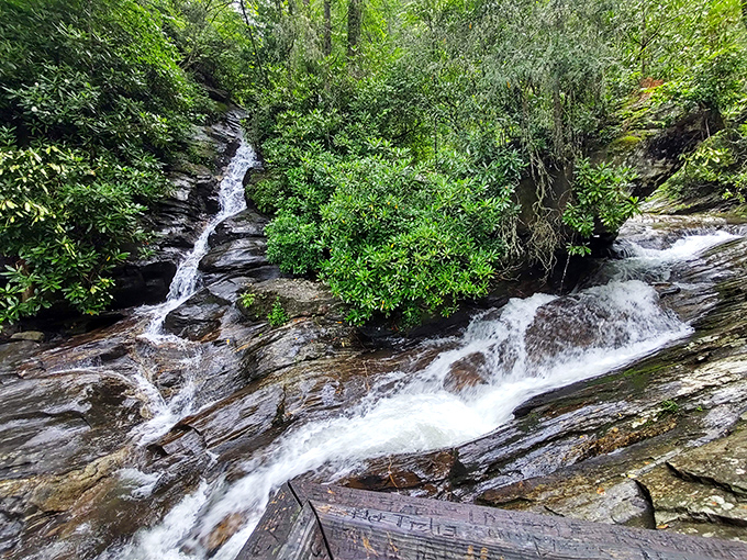 Nature's own water feature! Dukes Creek cascades over ancient rocks, creating a symphony that makes your smartphone notifications seem utterly insignificant.