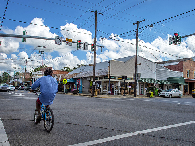 Downtown Breaux Bridge on a perfect Louisiana day, where even the traffic lights seem to move at a more civilized, beignet-paced rhythm.