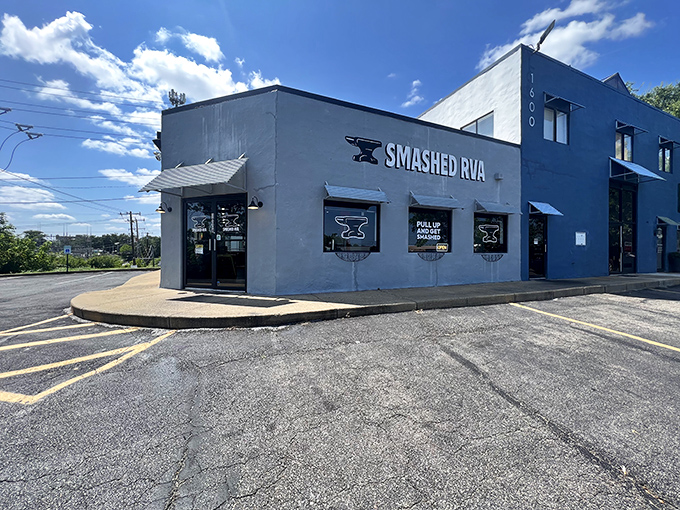 The unassuming gray exterior of Smashed RVA hides burger greatness within, like finding a diamond in Richmond's culinary rough.