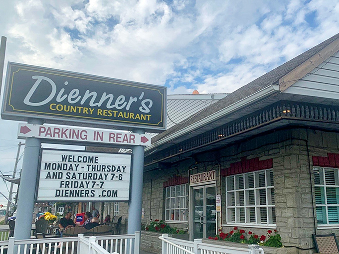 Blue skies frame Dienner's iconic sign, a roadside promise of homestyle cooking that's been drawing hungry travelers and locals alike to this Lancaster County gem.