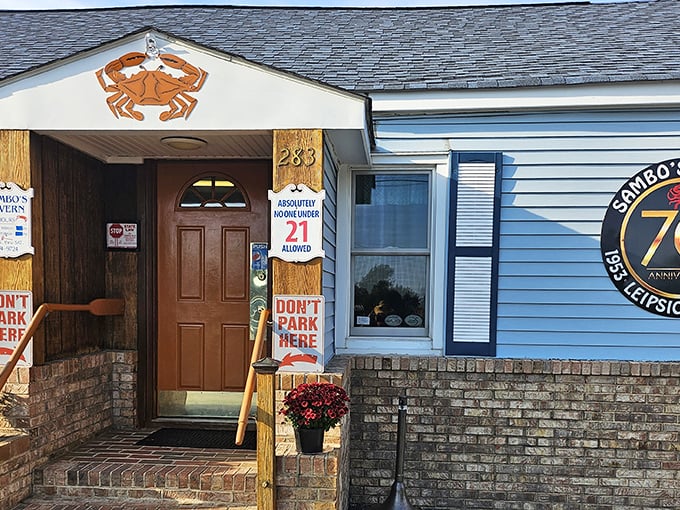 The iconic orange crab perched above Sambo's entrance isn't just decoration&mdash;it's a beacon of deliciousness calling you home to Leipsic's seafood paradise.