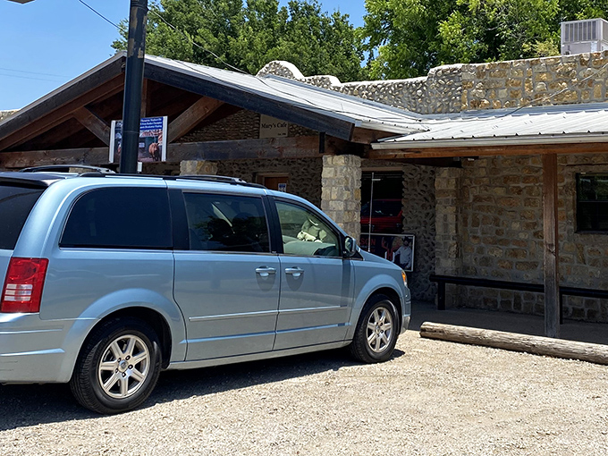 The unassuming stone exterior of Mary's Cafe stands like a culinary fortress in tiny Strawn, Texas. Road trip destiny achieved!