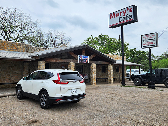 The unassuming stone exterior of Mary's Cafe stands like a culinary fortress in tiny Strawn, Texas. Road trip destiny achieved!